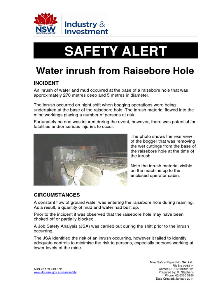 Raisebore Water Inrush Safety Alert | PDF | Risk | Occupational Safety ...