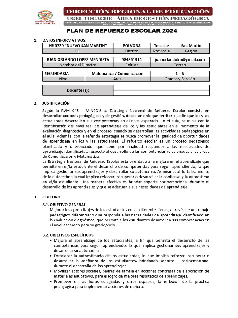 Plan De Refuerzo Escolar 2024 Pdf Evaluación Aprendizaje