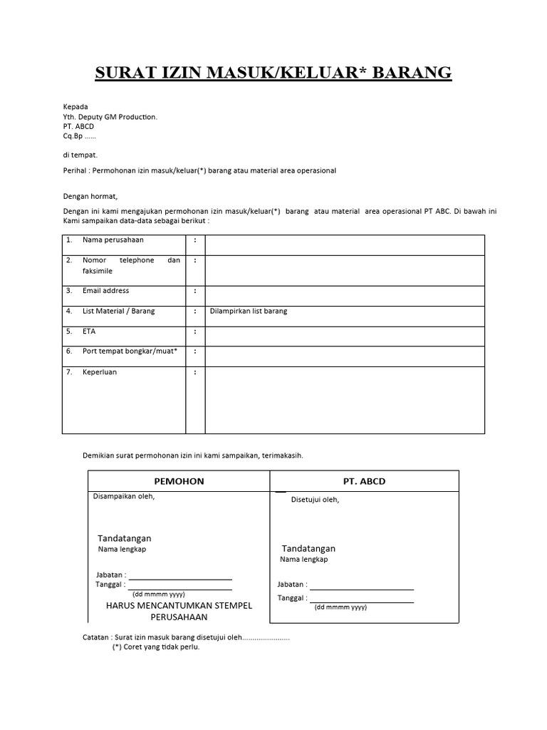 Surat Izin Masuk Barang | PDF