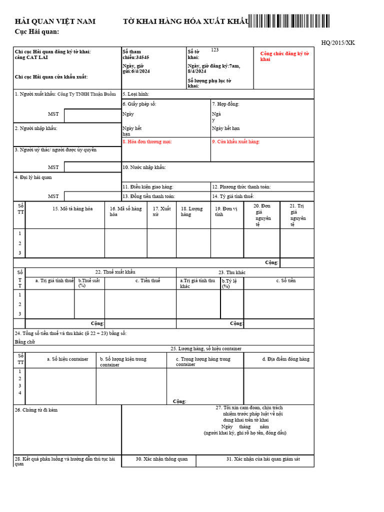 To Khai Hai Quan XK - 2805201309 | PDF
