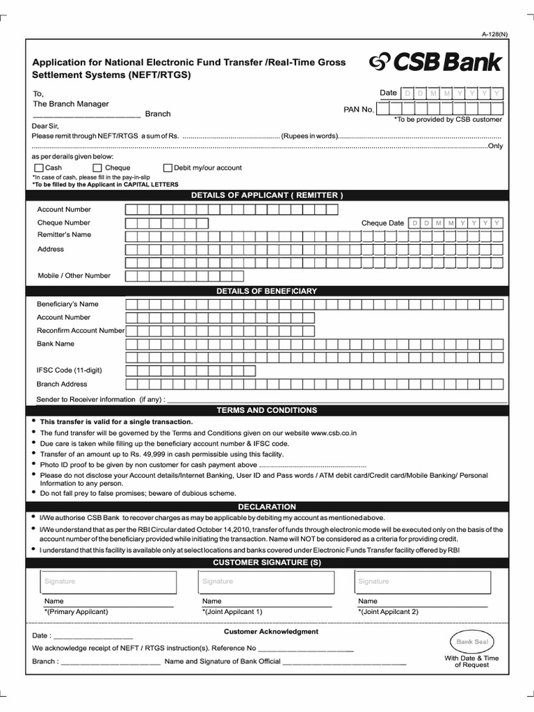 CSB Bank NEFT/RTGS Application Form | PDF | Personal Finance ...