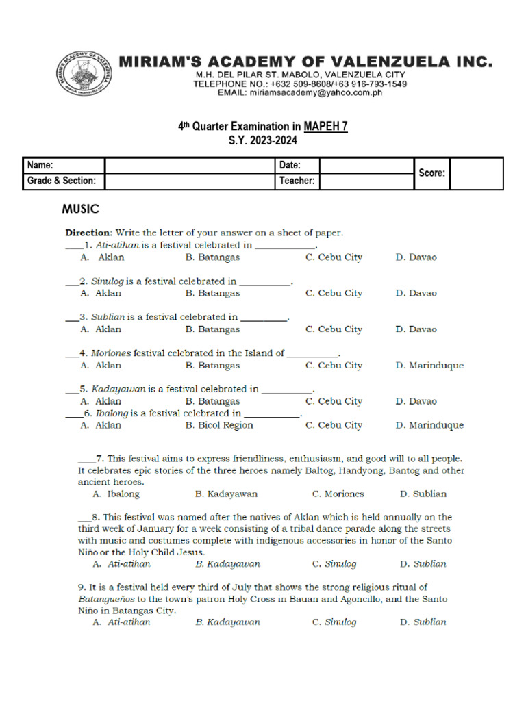 4th Quarter Examination in MAPEH 7 | Download Free PDF | Dances | Leukemia