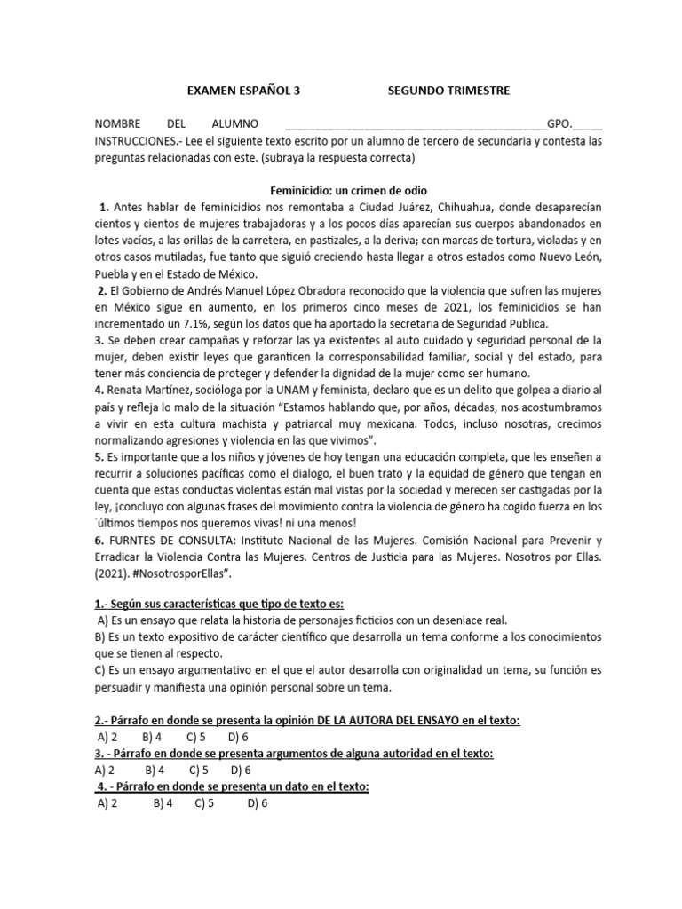 Examen de Español: Feminicidio y Educación | PDF | La violencia contra ...