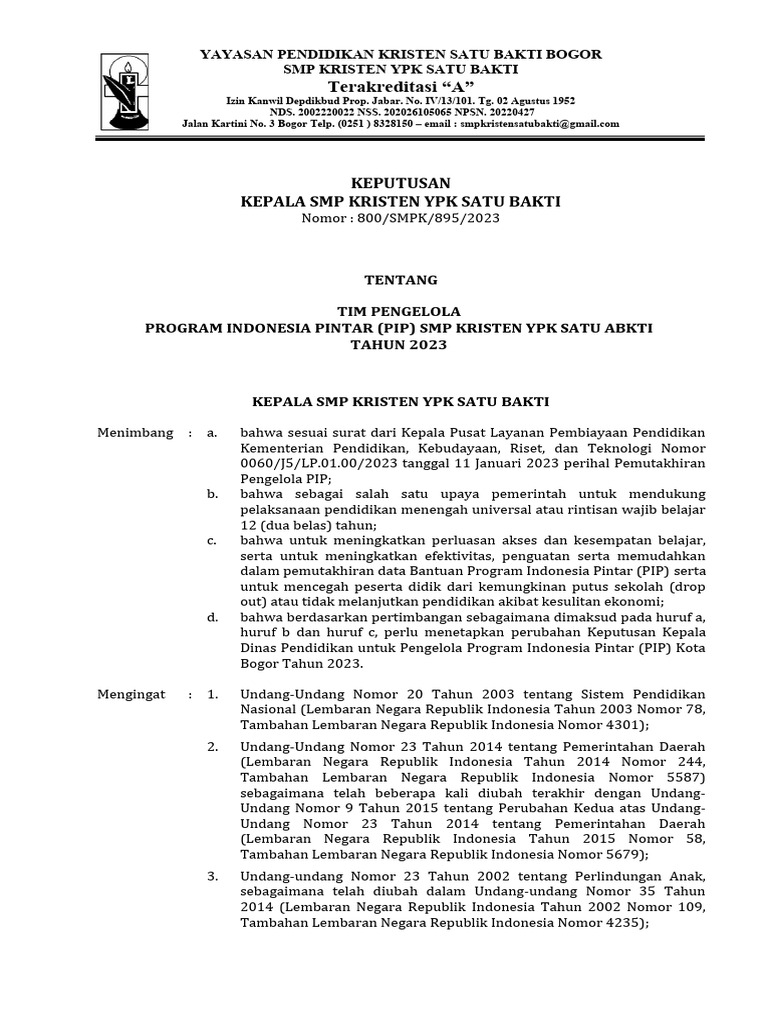 Contoh SK PENGELOLA PIP 2023 | PDF