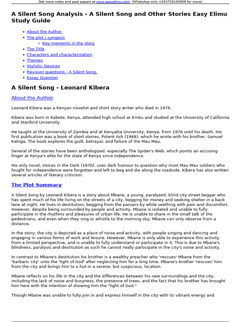 A Silent Song Analysis - A Silent Song and Other Stories Easy Elimu Study Guide | PDF | Jesus ...