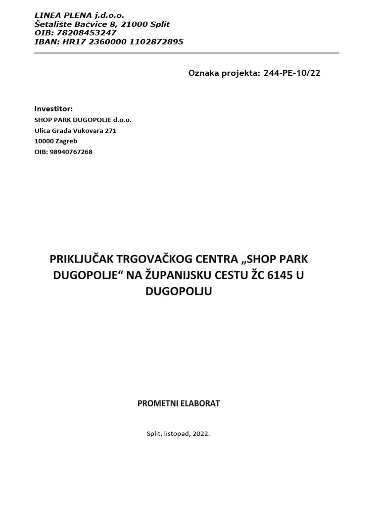 Prometni Elaborat - Shop Park Dugopolje | PDF