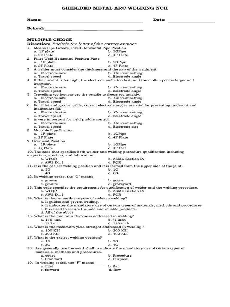 Shielded Metal Arc Welding Quiz | PDF | Welding | Construction