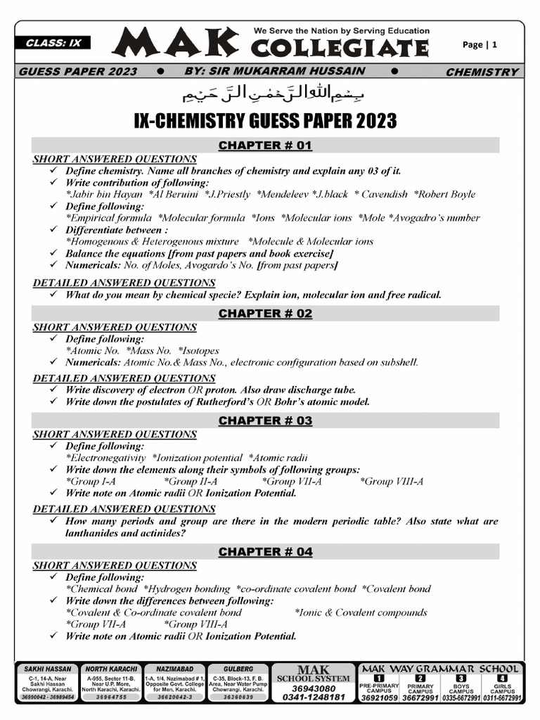 IX-Chemistry Guess Paper 2023 | PDF