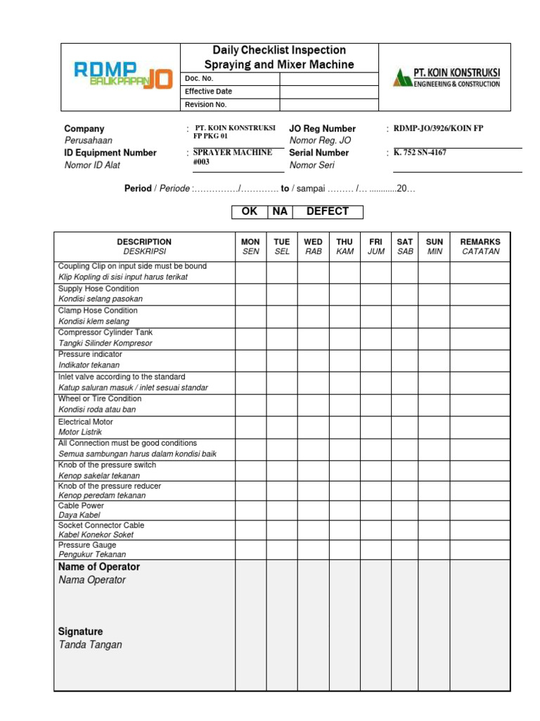Daily Checklist Spray Machine 003 | PDF | Computers | Technology ...
