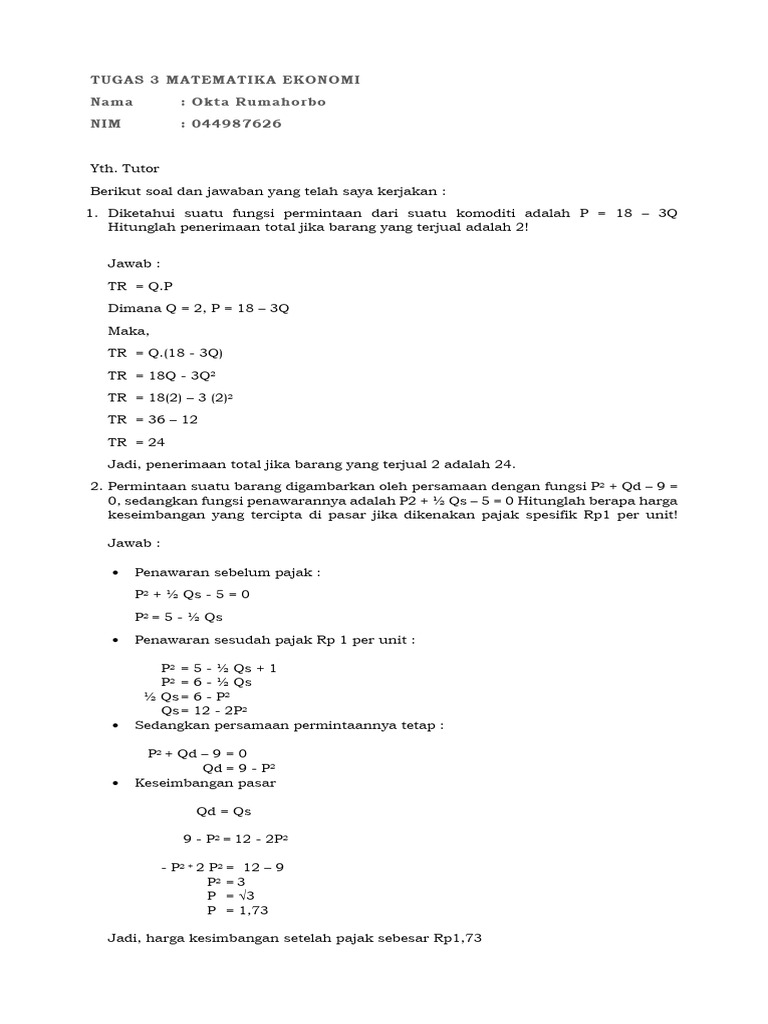 Tugas 3 Matematika Ekonomi | PDF
