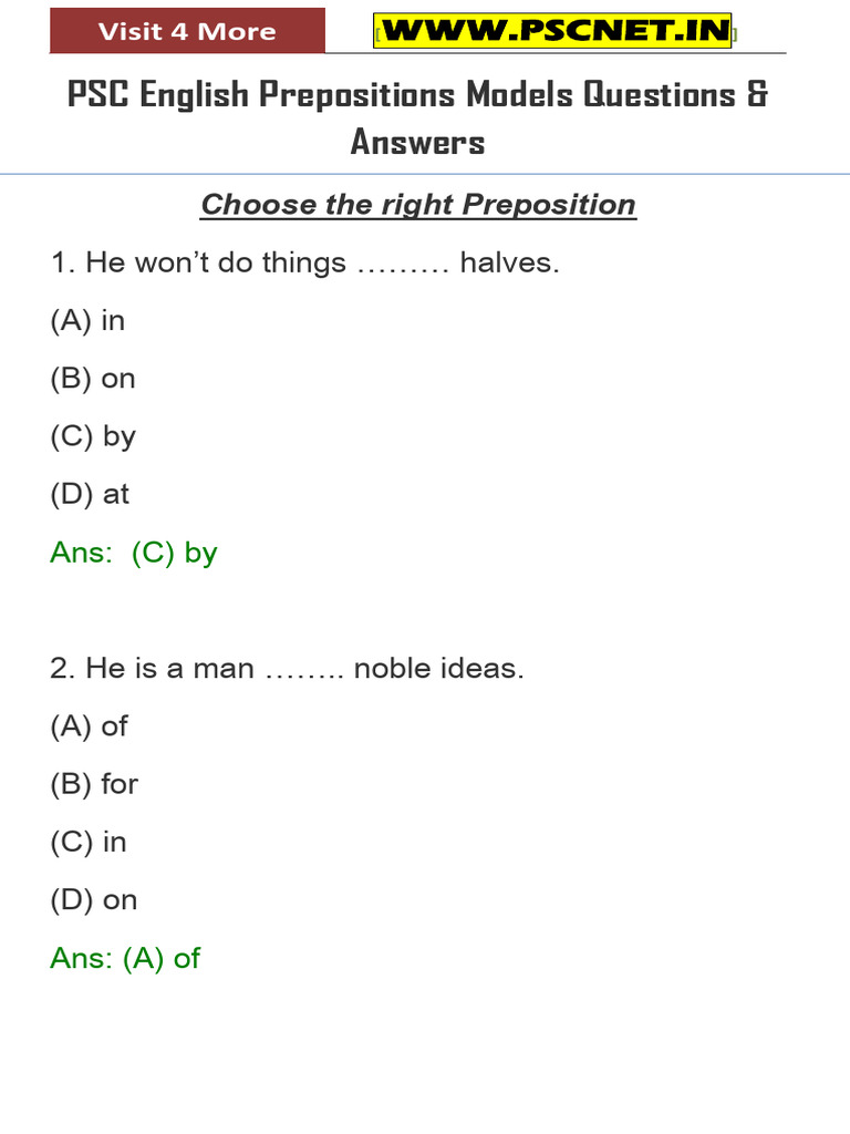 PSC English Prepositions Model Questions and Asnwers | PDF