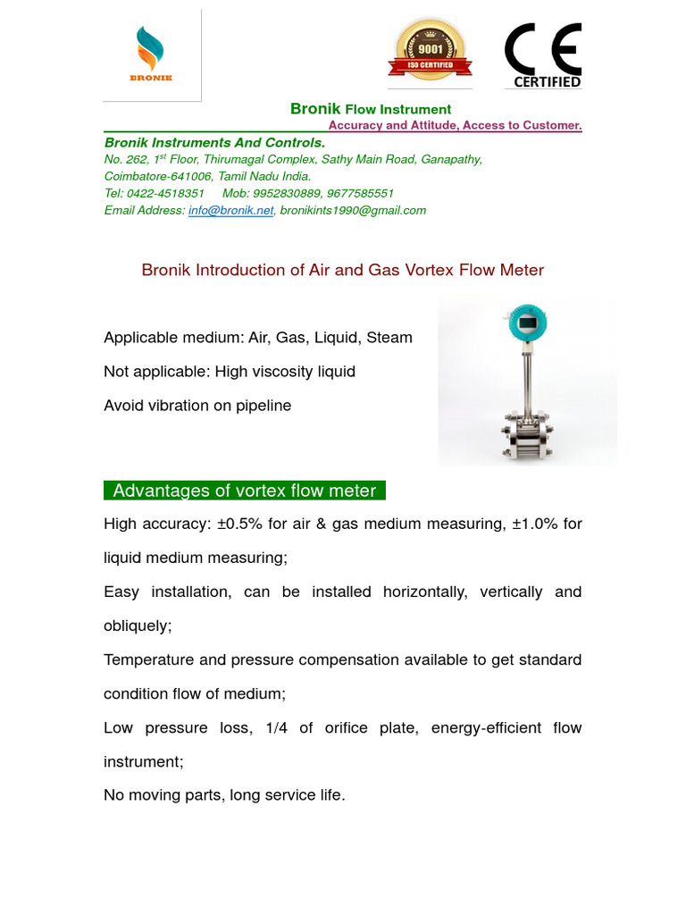Vortex Flow Meter for Air & Gas | PDF | Flow Measurement | Liquids