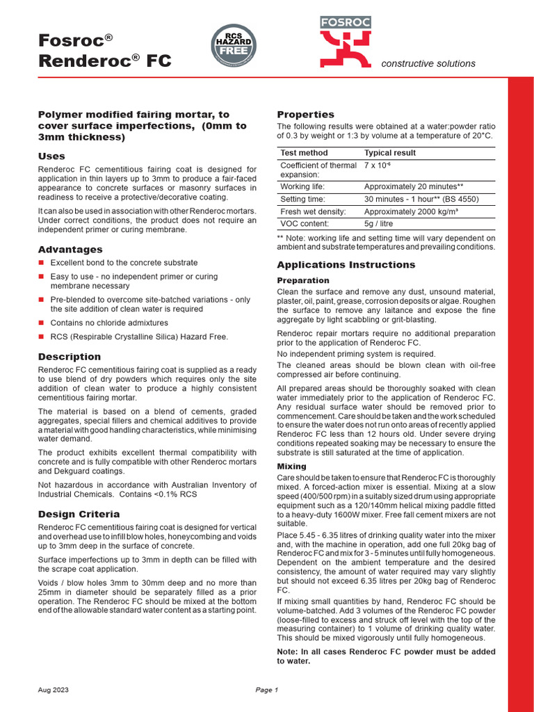 Fosroc Renderoc FC TDS | Download Free PDF | Concrete | Cement