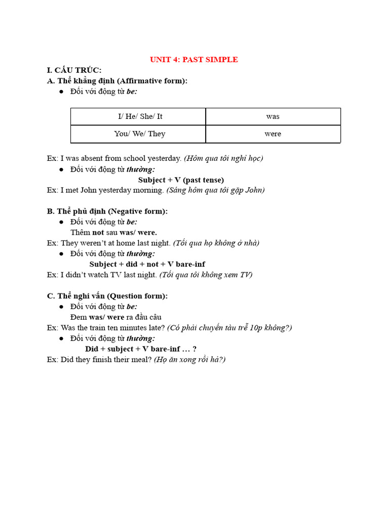 I. Cấu Trúc: A. Thể khẳng định (Affirmative form) :: Unit 4: Past Simple | PDF
