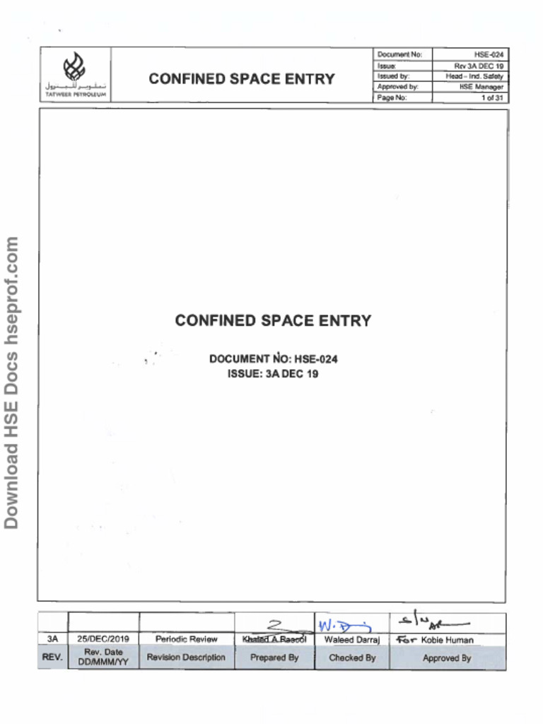 Confined Space Entry Procedure Pdf Safety Occupational Safety And