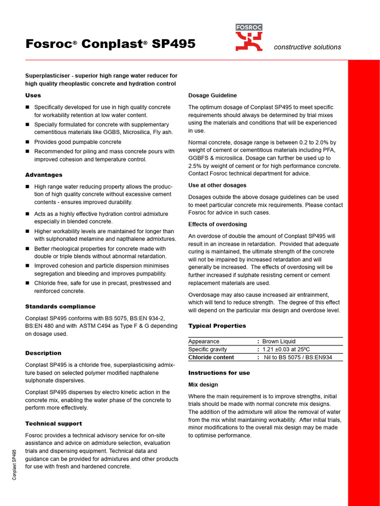 Conplast SP495 | PDF | Concrete | Materials