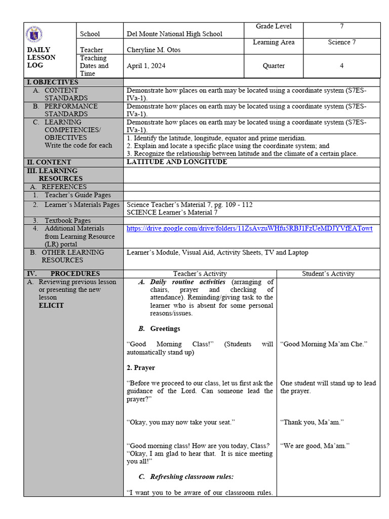 Latitude and Longitude (Grade 7 - Lesson Plan) | Download Free PDF | Latitude | Longitude