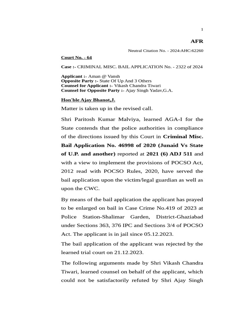 Bail Granted to Aman @ Vansh in UP Case | PDF | Rape | Crimes