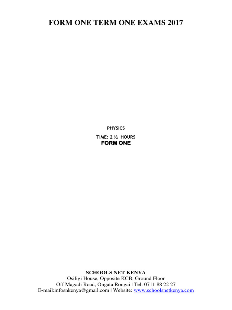 Physics Paper Form 1 Term 1 Exam 2017 | PDF | Density | Applied And ...