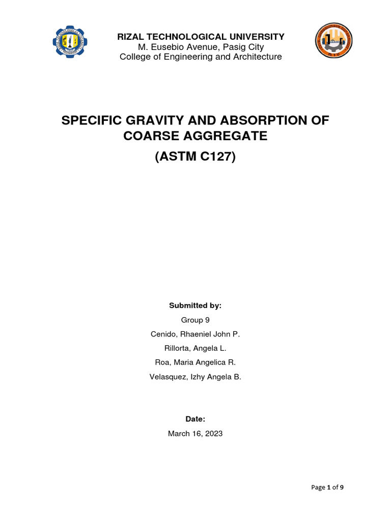Specific Gravity and Absorption of Coarse Aggregate (ASTM C127) | PDF | Porosity | Applied And ...