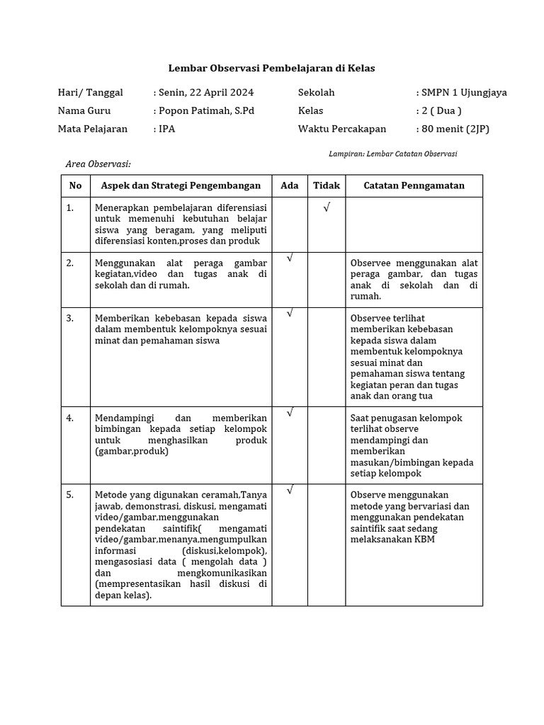 2 - Lembar Observasi Pembelajaran Di Kelas | PDF