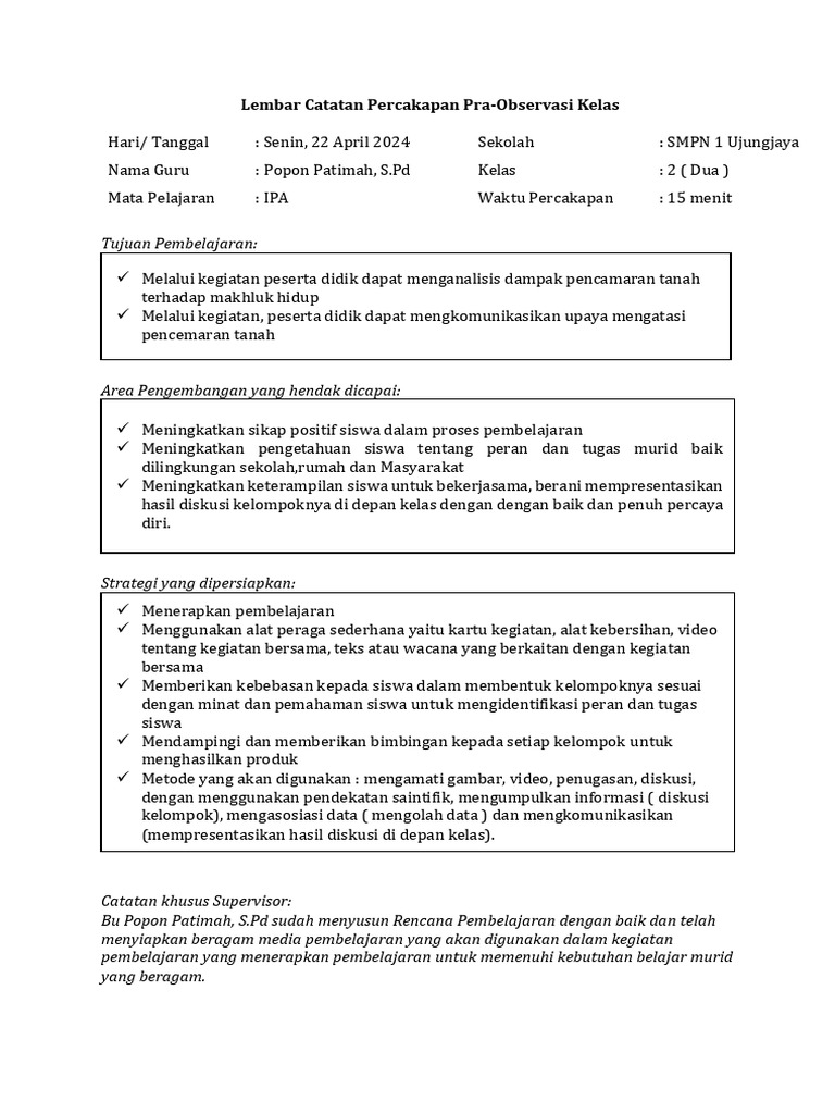 Laporan Supervisi Popon Patimah | PDF