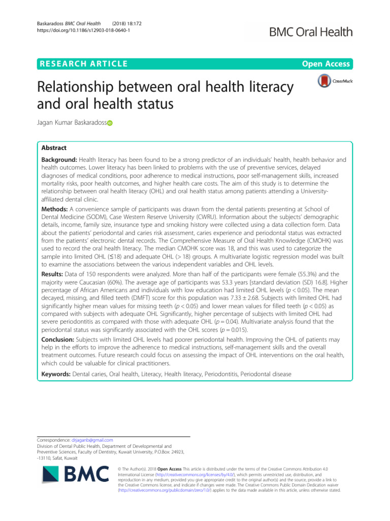 Relationship Between Oral Health Literacy and Oral Health Status | PDF | Periodontology | Dentistry