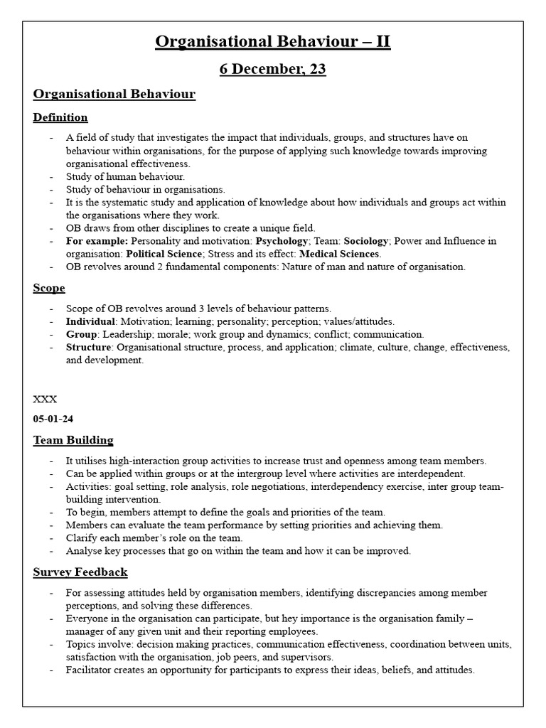 Organisational Behaviour Notes | PDF | Organizational Culture | Transgender