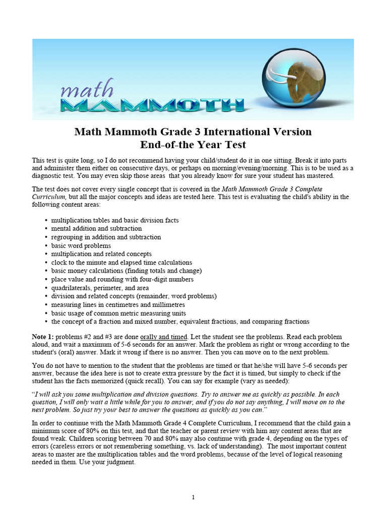 Grade 3 Math End-of-Year Test | PDF | Area | Rectangle
