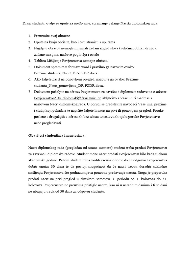 Obrazac Nacrta Diplomskog Rada S Istrazivanjem S Uputama 23 24 | PDF