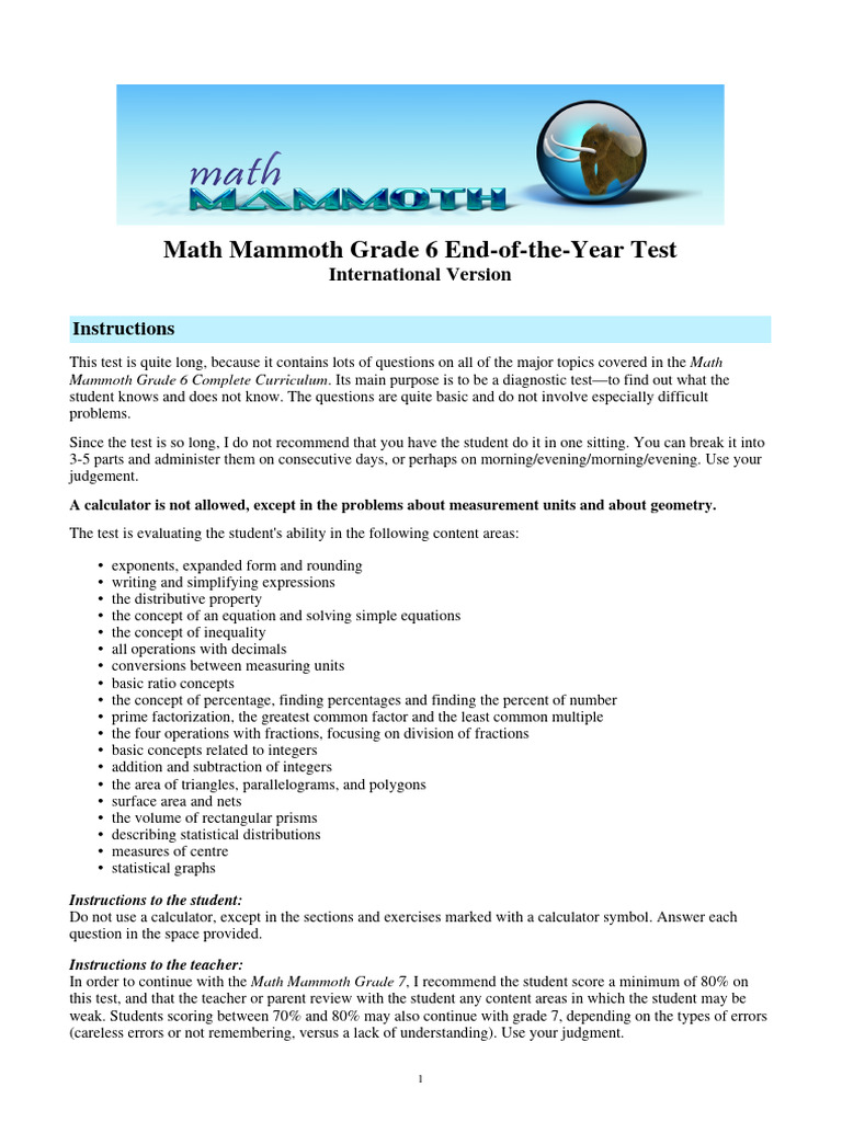 End of Year Test Grade6 Math | PDF | Area | Ratio