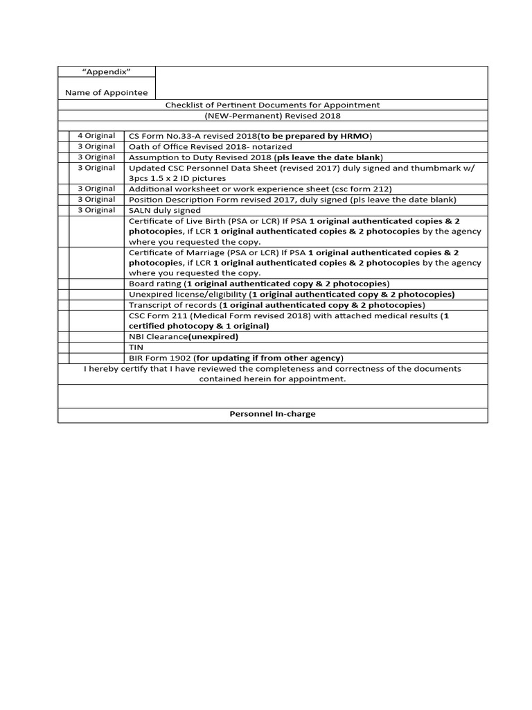 Checklist For Appointment Permanentnew | PDF