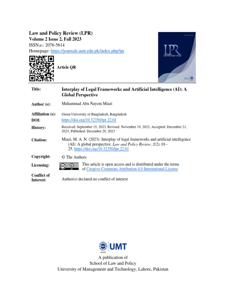 Interplay of Legal Frameworks and Artificial Intelligence (AI) : A Global Perspective | PDF ...