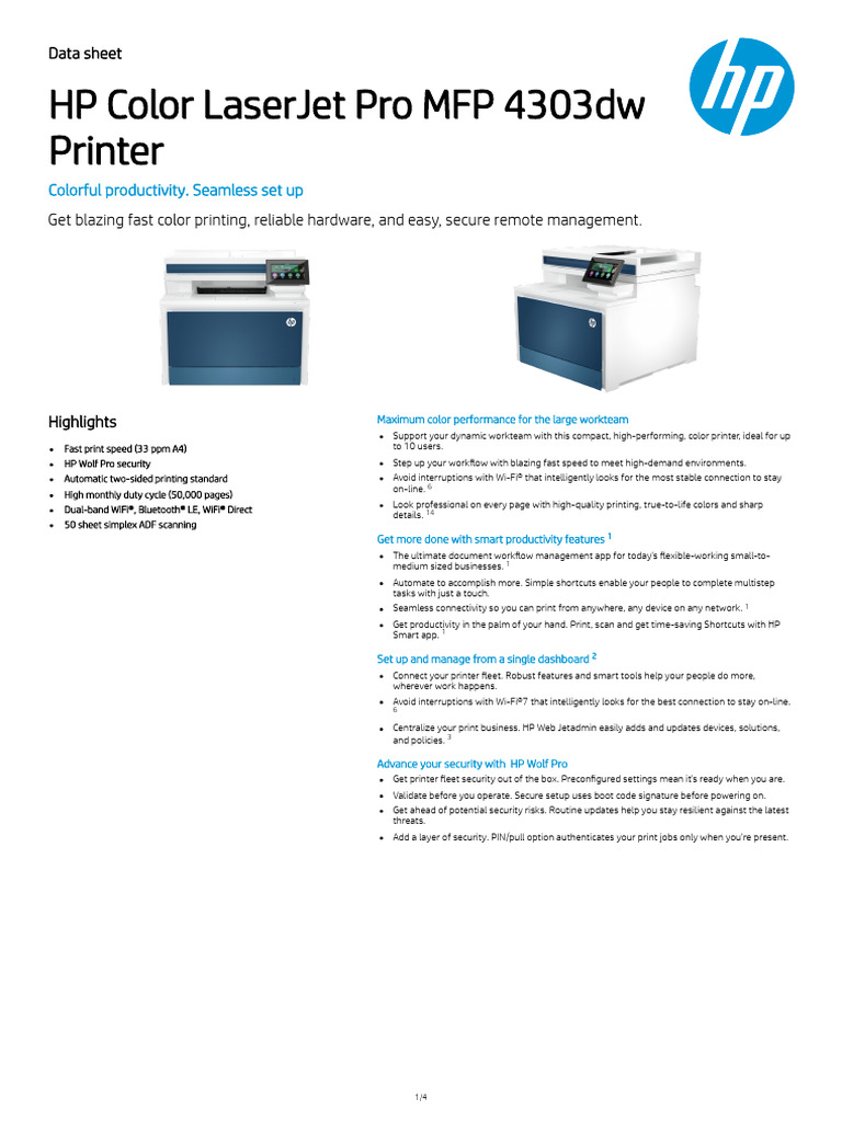 HP Color Laserjet Pro MFP 4303Dw Printer: Data Sheet | PDF | Image Scanner | Printer (Computing)