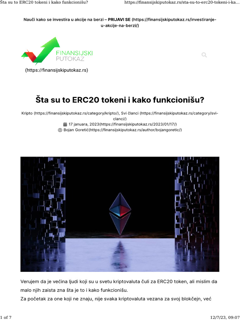 Šta Su To ERC20 Tokeni I Kako Funkcionišu | PDF