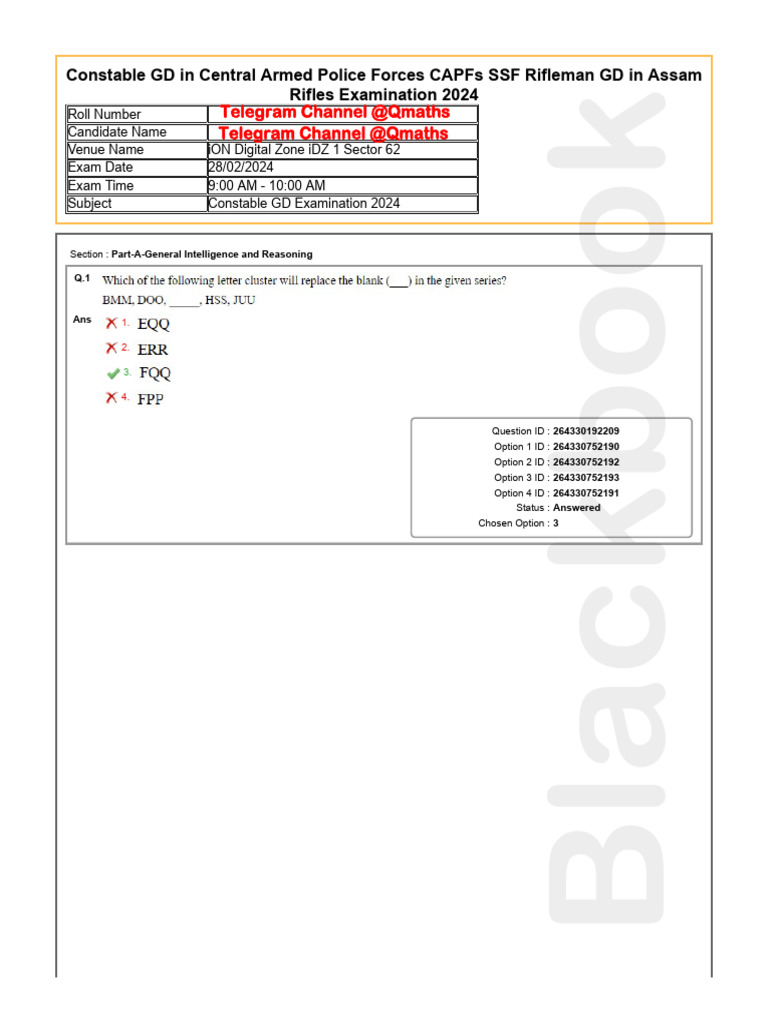 SSC GD Cons. 2024 Answer Key (Sample) | PDF
