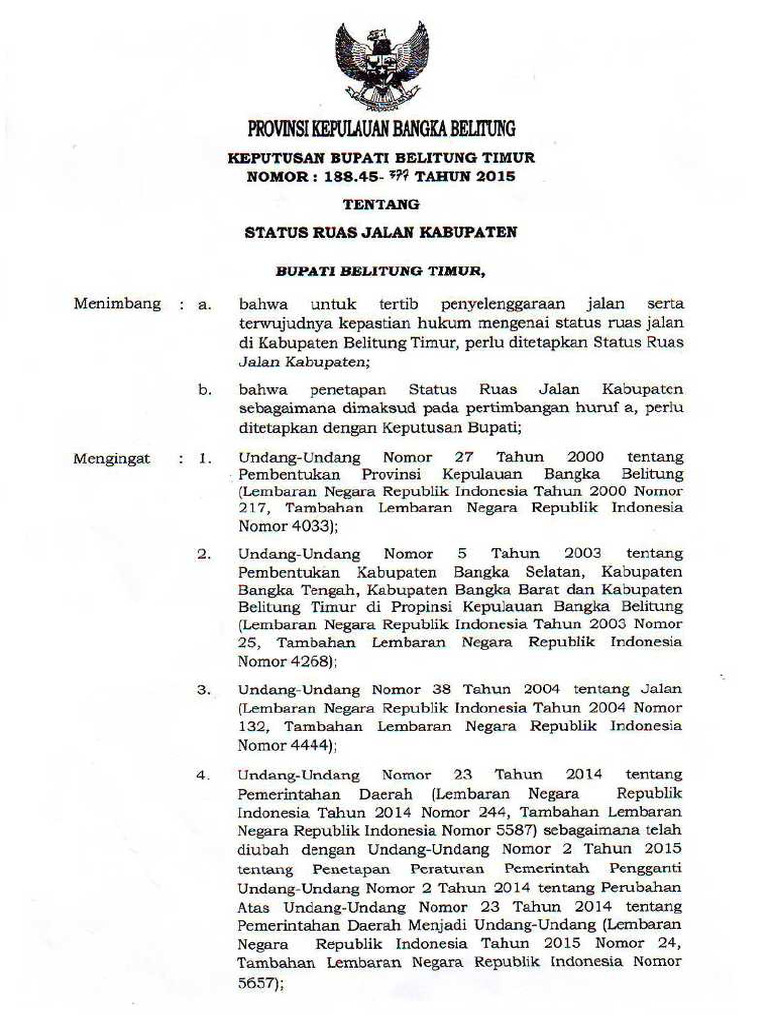 SK Status Jalan Kabupaten Belitung Timur 2015 | PDF