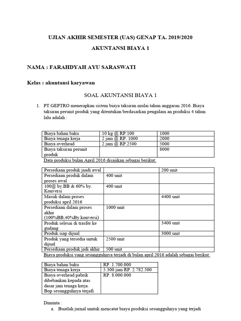 Uas Akt Biaya 1 | PDF