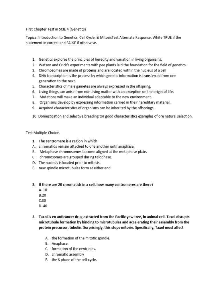 Chapter Test in Genetics | PDF | Mitosis | Chromosome