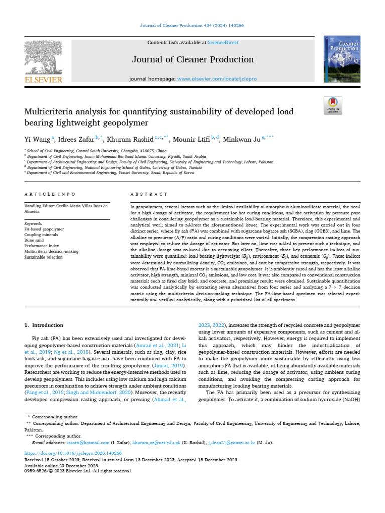 Multicriteria analysis for quantifying sustainability of developed load bearing lightweight ...