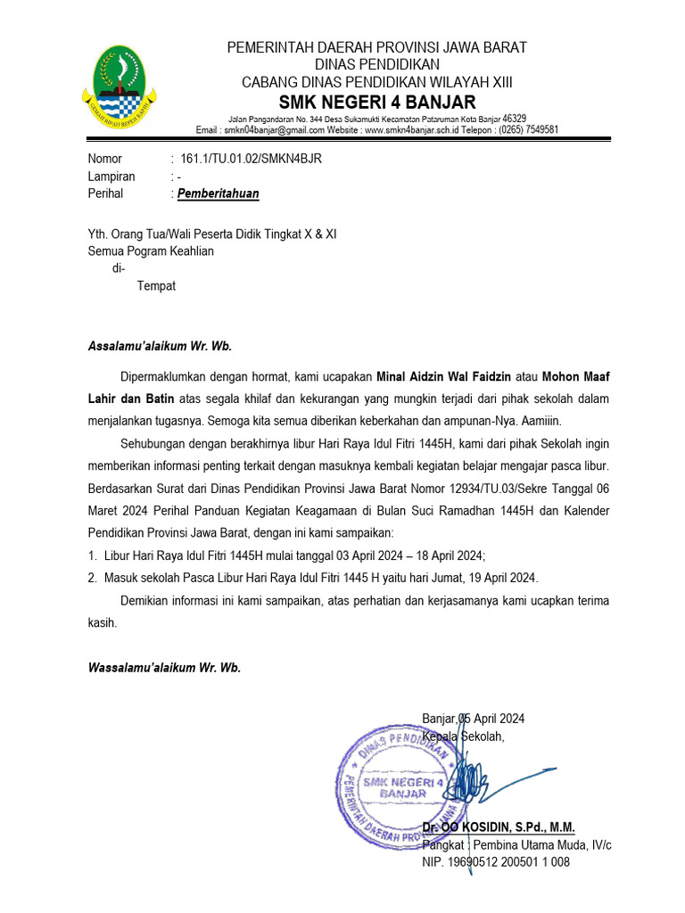 Surat Pemberitahuan Masuk Sekolah Pasca Libur Hari Raya Idul Fitri | PDF