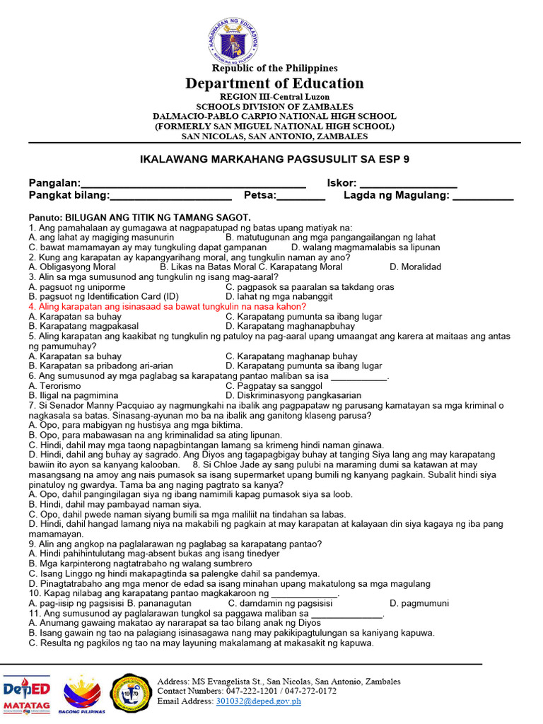 Esp9 2ndq Exam | PDF