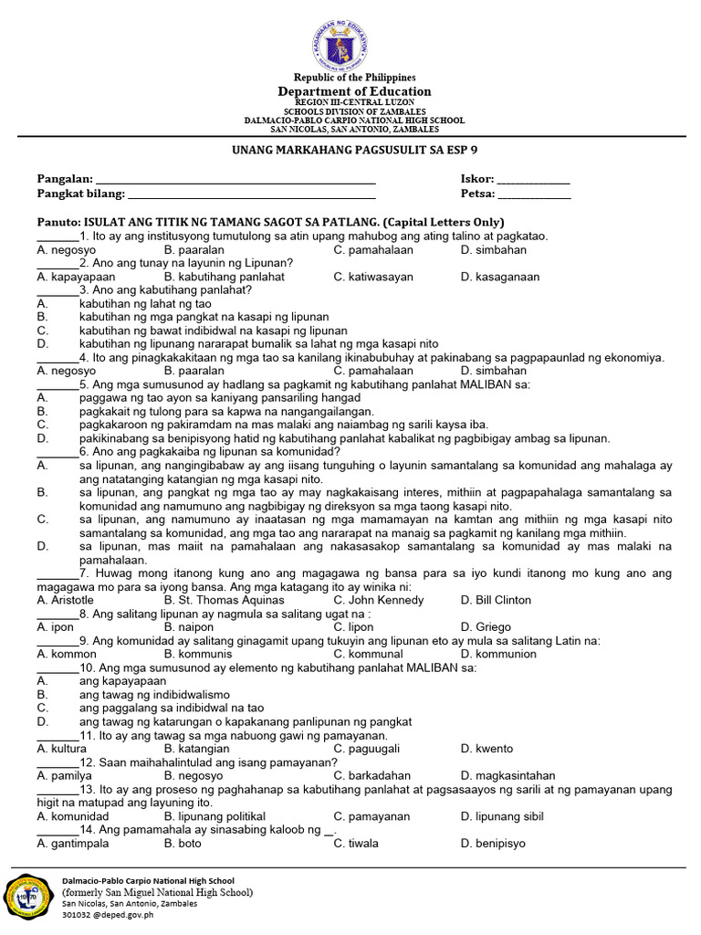 First Quarter Exam in Esp 9 | PDF