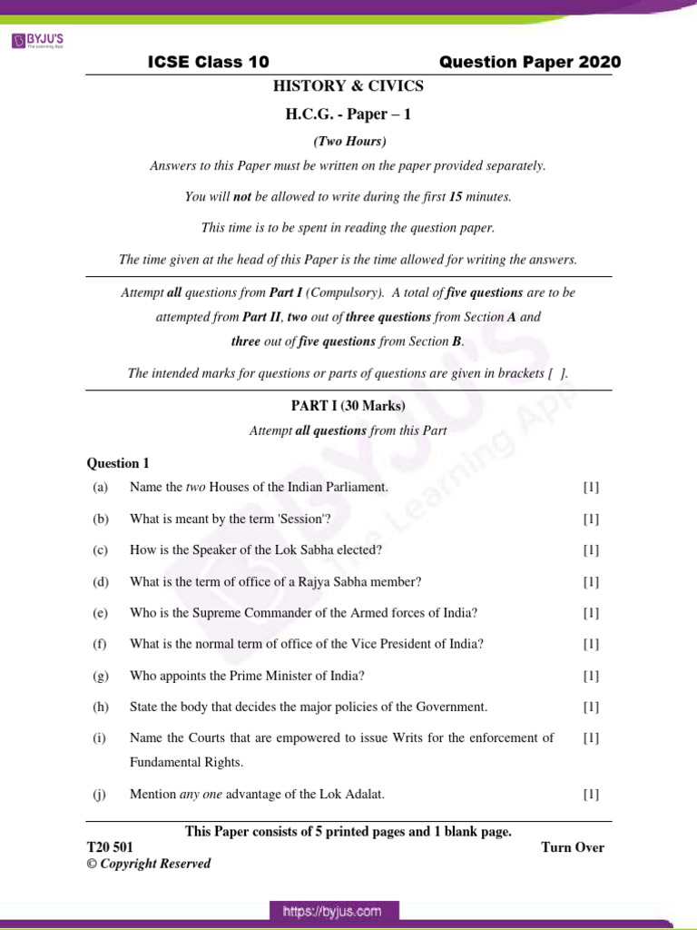 ICSE Class 10 History & Civics Paper 2020 | PDF | Government ...