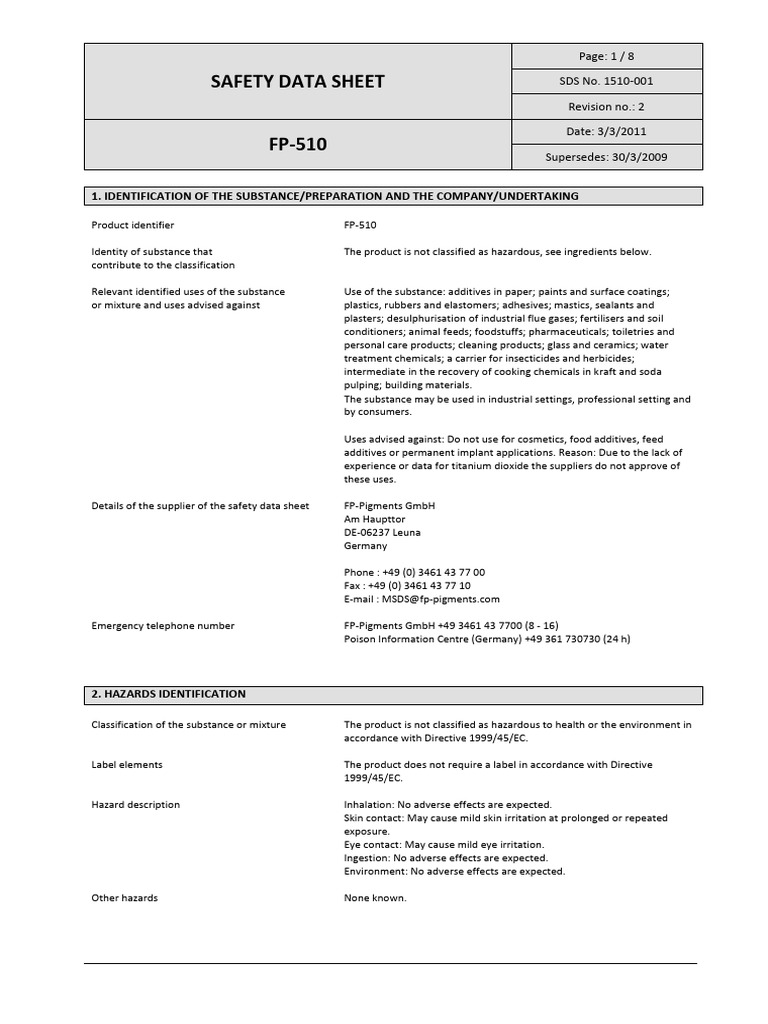 En SDS FP-510 | PDF | Personal Protective Equipment | Dangerous Goods