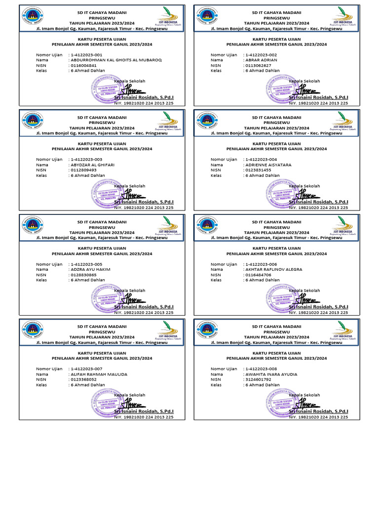 Format Kartu Peserta Ujian - Meja | PDF