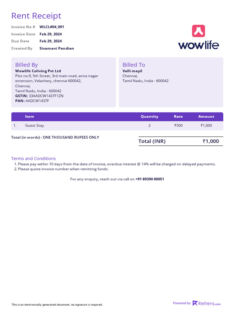 Rent Receipt for Guest Stay | PDF