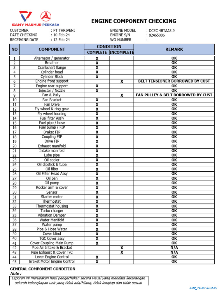 DCEC 4BTAA3.9 Engine Condition Report | PDF | Machines | Vehicles