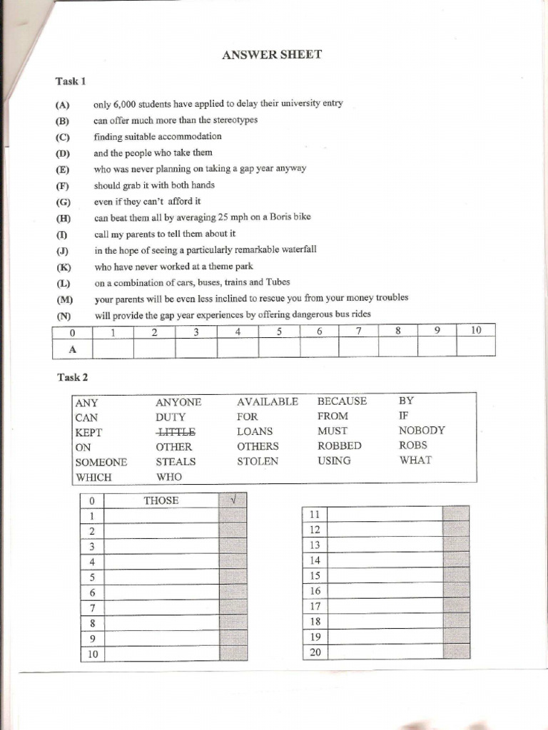 Answer Sheet Tasks 1 and 2 | PDF