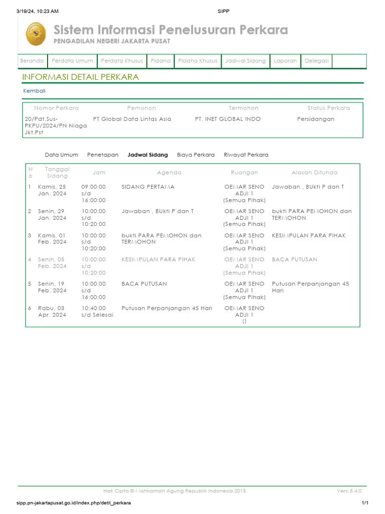 SIPP PKPU INET 20. Putusan Dtunda 3 April 24 | PDF